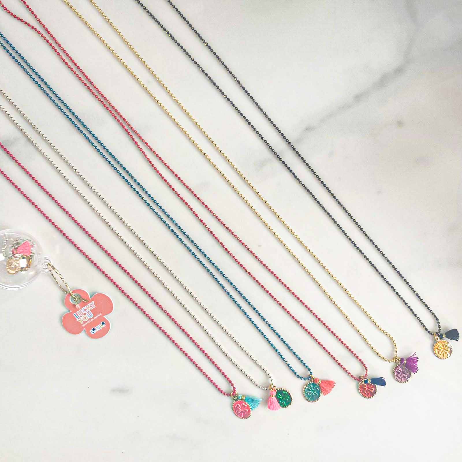 Collier bubble Lucky Trèfle Bleu – Litchi Bijoux